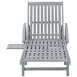Tidyard Folding Sun Lounger with Armrest and Cushion, Garden Acacia Wood Footrest and Backrest Adjustable Chaise Lounge Chair, Gray Wooden Sunlounger for Pool Balcony Outdoor Furniture