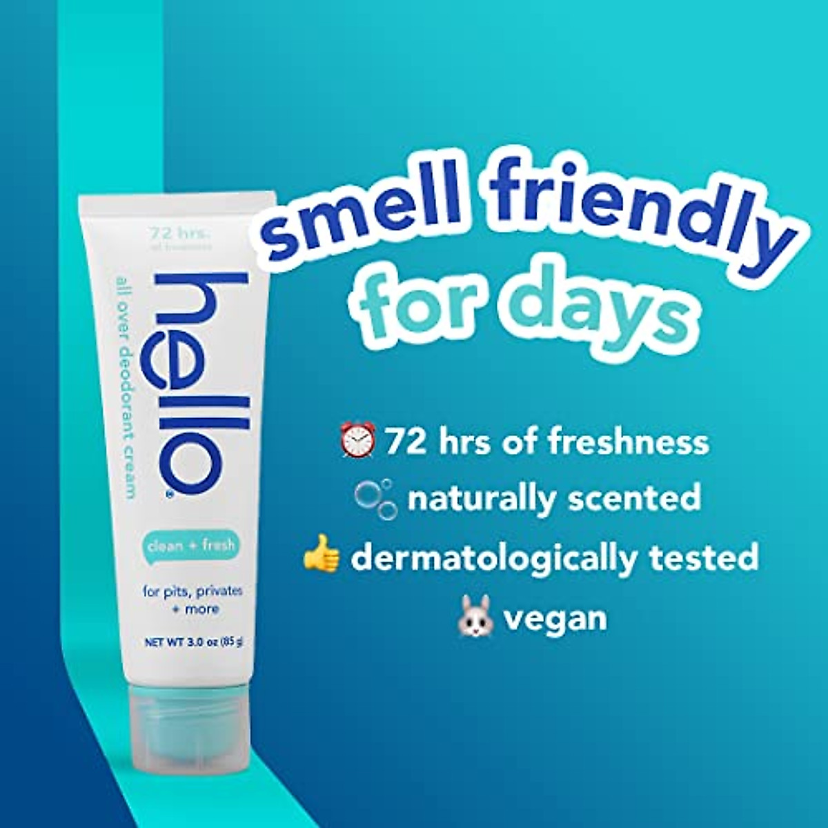 hello All Over Clean & Fresh Deodorant Cream, Aluminum Free Deodorant Cream for Pits, Privates + More, Offers 72 Hours of Freshness, Safe for Sensitive Skin, Vegan, 1 Pack, 3 Oz Tube