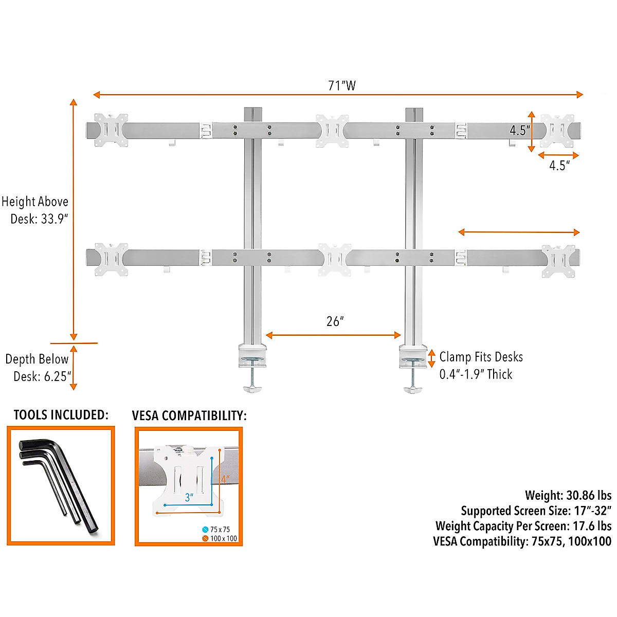 Stand Steady 6 Monitor Mount Desk Setup - Heavy-Duty Height Adjustable Monitor Stand, Swivel Arm with Clamp-On Base, 6 Screen VESA Mount Fits Most LCD/LED Monitors 17-32 in. (Silver, 6 Mounts)