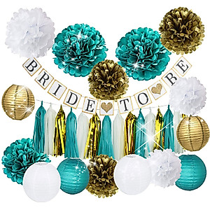 Furuix Bride Shower Decorations Bride to Be Banner White Teal Gold Tissue Pom Pom Paper Lanterns Tassel Garland for Hen Party/Bachelorette Party Decorations Kit - Bridal Shower Supplies