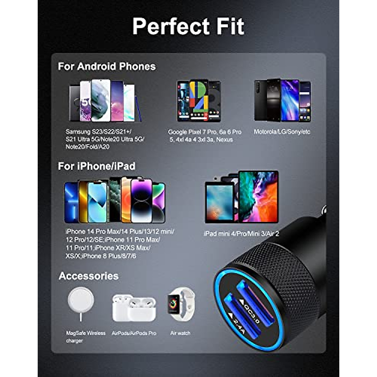 30w Car Charger, Quick Charge 3.0 Cigarette Lighter Adapter, 2 Port Fast Charging Car Plug for iPhone 15 Pro Max 14 13 12 XR X, Galaxy S24 Ultra S23 FE A25 A13 A24, USB Auto Cargador Carro for Travel