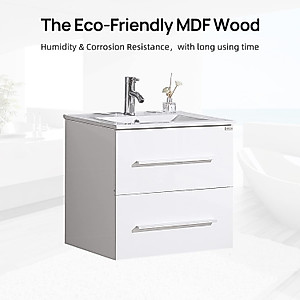 wonline 24" White Wall Mounted Bathroom Vanity Set Two Drawers Storage Cabinet with Ceramic Vessel Sink and Mirror Combo Chrome Faucet