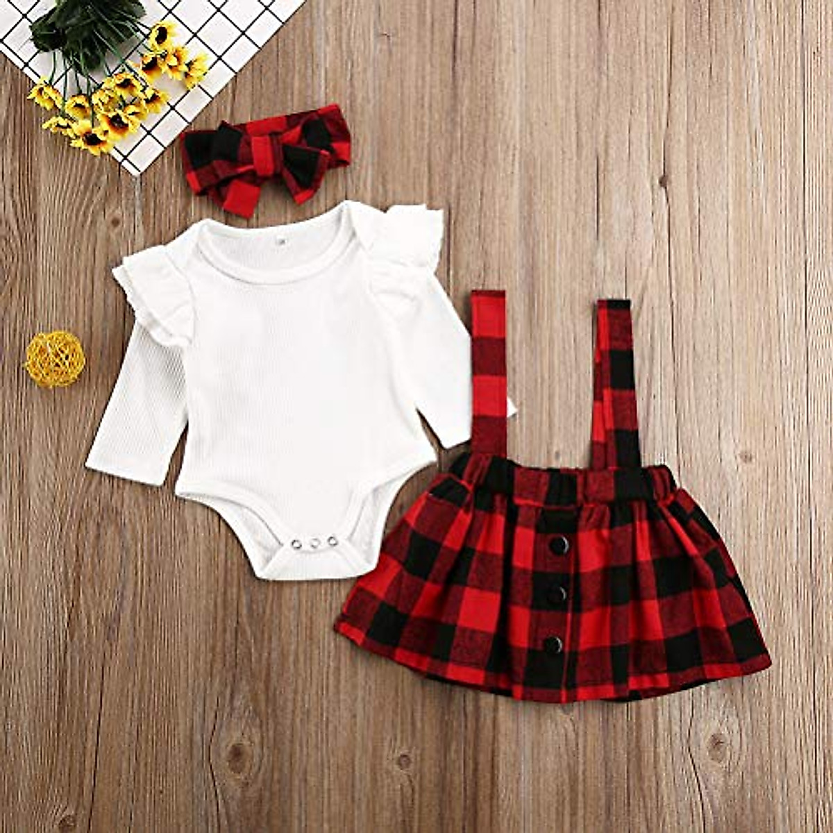 Newborn Baby Girl Suspender Skirt Outfit Set Christmas Ruffle Long Sleeve Plaid Shirts and Overall Skirts+Headband (Red , 0-3Months )