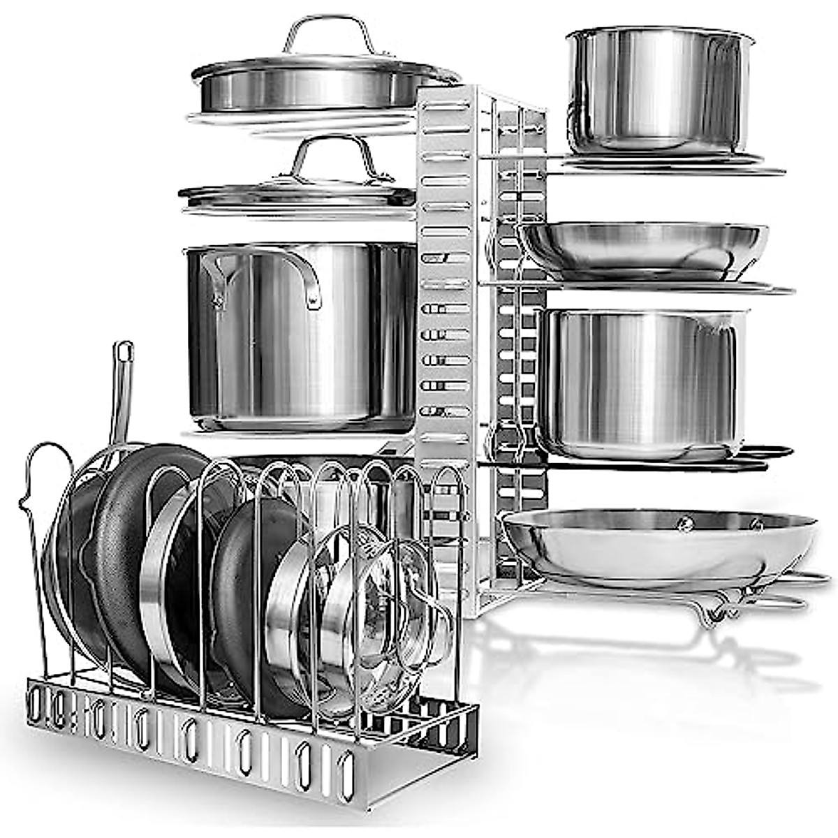 GeekDigg Pot Rack Organizer, Adjustable Height and Position Pots and Pan Rack, Kitchen Counter and Cabinet Pan Organizer Shelf Rack/Pot Lid Holder with 3 DIY Methods - Silver