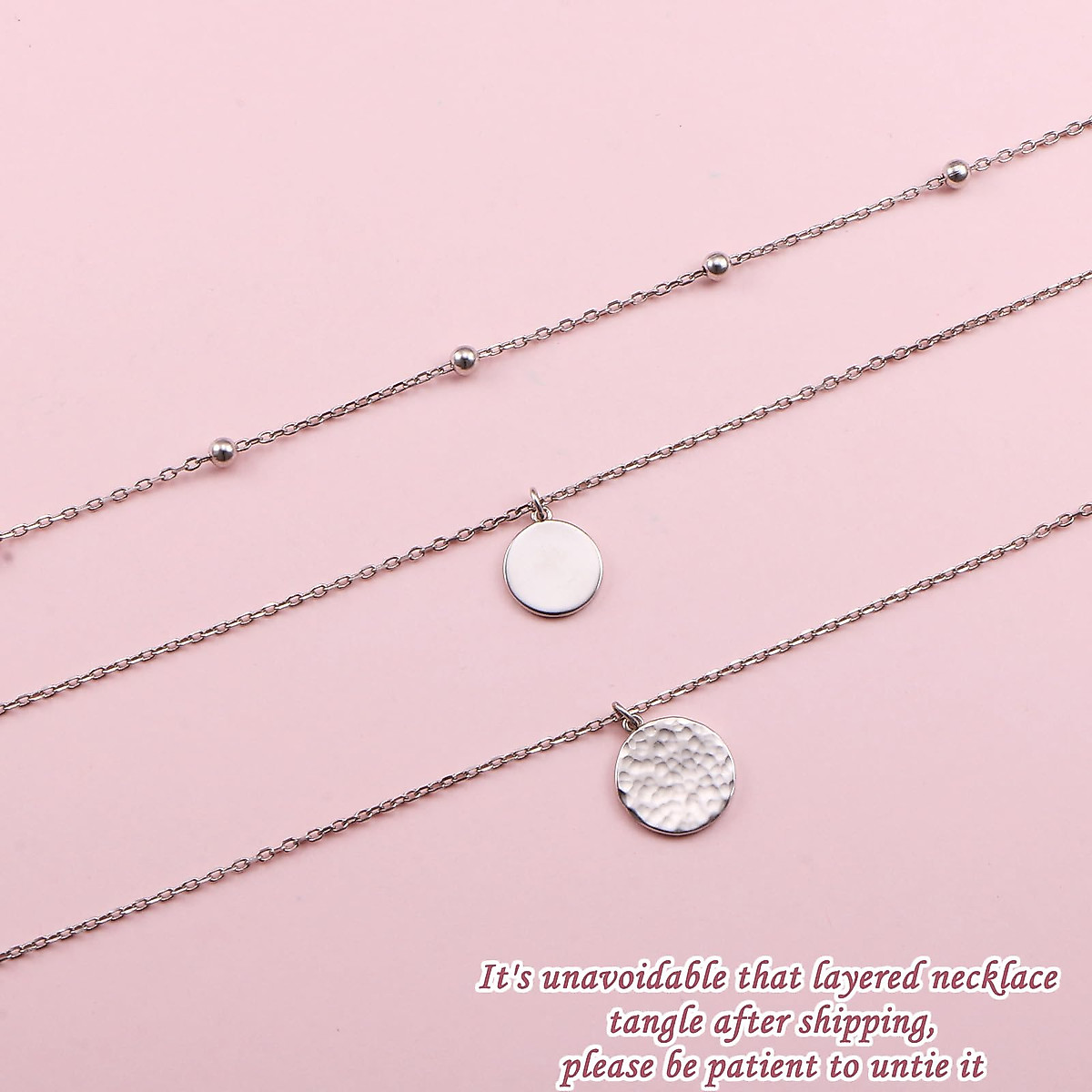 FLYOW Multi Layered Choker Necklace S925 Sterling Silver Coin Beaded Hammered Disc Long Chain Dainty Pendant Necklace for Women