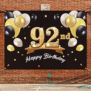 PAKBOOM Happy 92nd Birthday Banner Backdrop - 92 Birthday Party Decorations Supplies for Men - Black Gold 4 x 6ft