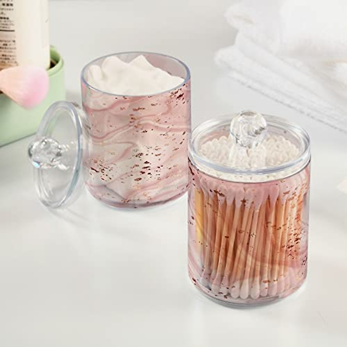 xigua Pink Marble Qtip Holder Dispenser,2 Pack Storage Canister Clear Plastic Jar with Lids for Cotton Ball,Cotton Swab -- 10 Oz#62