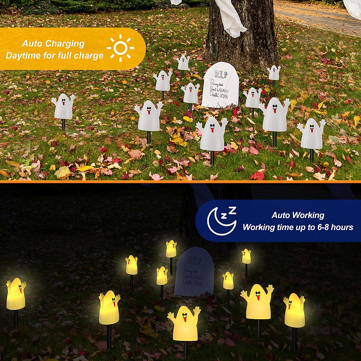 Threan 10 Pcs Halloween Pathway Light Decorations Solar Stake Lights LED White Light Decorative Solar Operated Stake String Lights IP44 Waterproof Outdoor for Yard Garden(Classic Ghost)