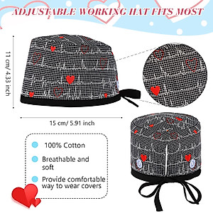 4 Pcs Valentine Heart Theme Adjustable Working Cap with Button Bouffant Hats Elastic Surgical Caps for Women Men Nurse Hat Scrub Hats for Long Hair Covers Nursing Doctor