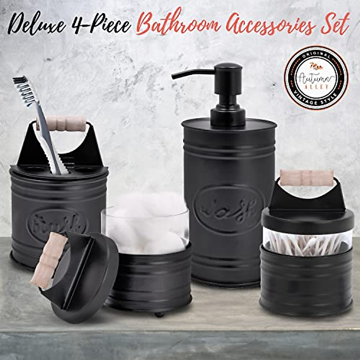 Autumn Alley Rustic Farmhouse Black Bathroom Accessories Set (4 PCS) - Lotion Soap Dispenser, Toothbrush Holder, 2 Apothecary Jars (Qtip Holder) - Rustic Farmhouse Bathroom Decor