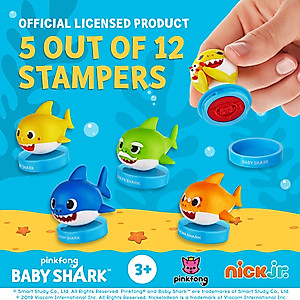 Baby Shark Toy Stampers Set of 5 – Self-Inking Baby Shark Toys, Action Figures, Party Decor, Birthday Party Supplies, Cake Toppers – Parent, Baby, Grandparent Sharks and William - Party Decor (B)