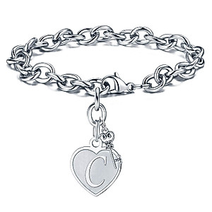 Bracelets for Women Heart Initial Charm - Engraved Letter C Initial Bracelet Heart Charm Stainless Steel Dainty 26 Letters Alphabet Bracelet Adjustable Birthday Jewelry Gifts for Women Teen Girls