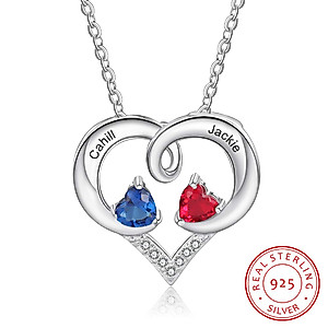 GLAMCARAT Engraved mothers Necklace with 2 Birthstone 2 Names sterling silver Heart shaped pendant Mother Daughter grandma Promise Necklace for Her personalized jewelry for women