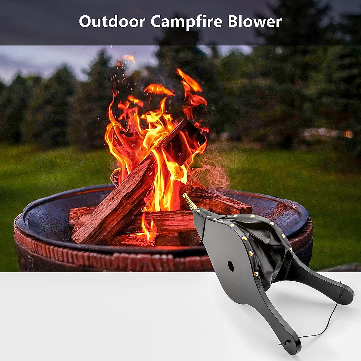 Bellows for Fire Pit Wood Stove Camping, 19"x 8" Fireplace Blower with Hanging Strap, Cast Nozzle Fireplace Bellows Outdoor and Indoor (Black)