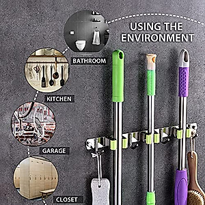 JEWJIO Broom Mop Holder, 15 Inch Wall Mounted Broom Storage Rack Utility Hanger 3 Racks 4 Hooks for Bathroom Home Kitchen Office Closet Garage Stainless Steel Heavy Tool Storage Rack