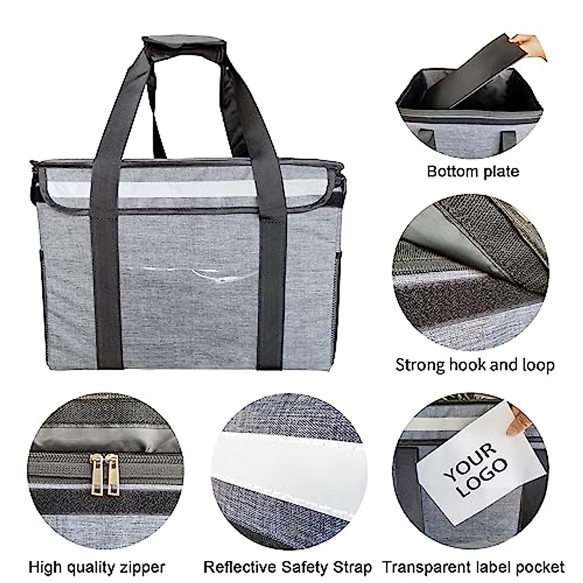 YINFEI Insulated Food Delivery Bag,Upgrade Hook and Loop＆Zipper Design,Pizza Delivery Bag,Insulated Grocery Bag for Commercial Food Transport,17"x13"x12"(Grey)