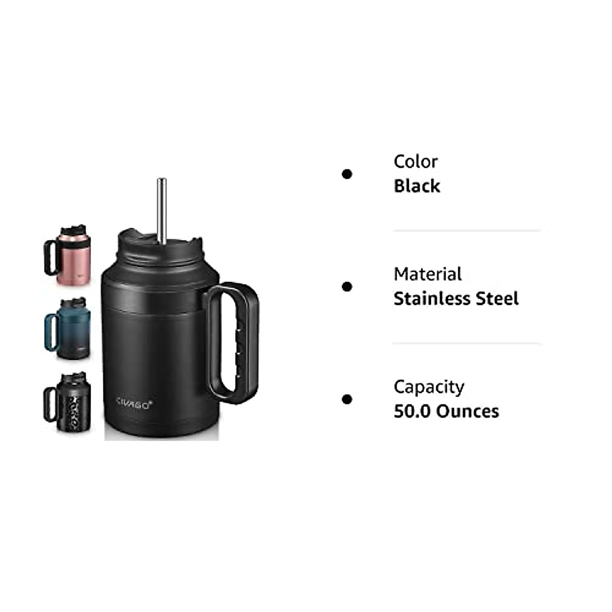 CIVAGO 50 oz Insulated Tumbler Mug with Lid and Straw, Vacuum Travel Coffee Mug with Handle, Double Wall Stainless Steel Water Cup Bottle, Black