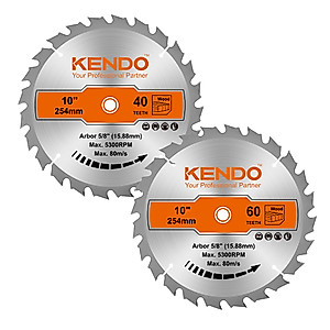 KENDO 2-Pack 10 Inch 40T&60T Carbide-Tipped Circular Saw Blade with 5/8 Inch Arbor, Professional ATB Finishing Woodworking Miter/Table Saw Blades for Plywood, Laminate, Ripping Wood