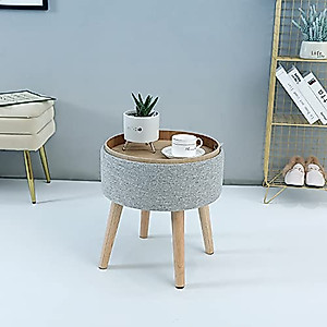SOFT ASS Multi-Functional Round Storage Ottoman Footrest with Coffee Table Tray, Light Grey Linen with Detachable Wooden Feet/Footstool for Bedroom, Study and Living Room (Light Grey1)