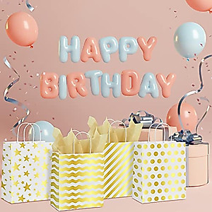 12 Pack Gift Bags with 12 Tissues,13x10.2x4.7 Inches Large Gift Bags Goodie Bags, Gold Medium Gift Paper Bags with Handles for Birthday Party Bags, Bussiness Bags, Wedding Bags, Valentines Day Christmas Gifts Bags(4 Styles)