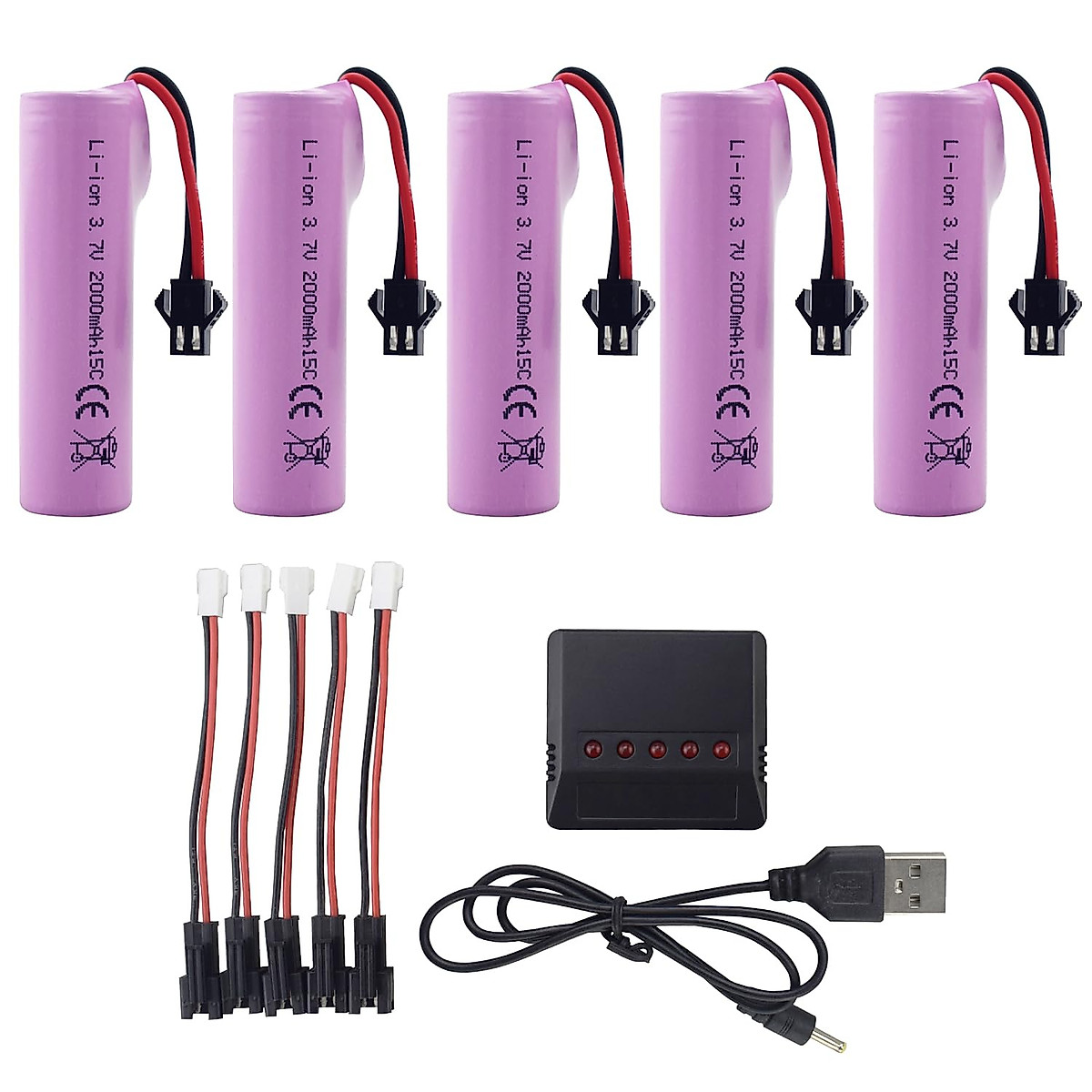 MOONZON 5PCS 3.7V 2000mAh SM-2P Plug Li-ion Battery with 5-in-1 Charger for DE68 DE44 DE45W DE45 DE58 DE49 DE57 DE70 Off-Road Vehicle Truck Tank RC Toy Car Spare Batteries