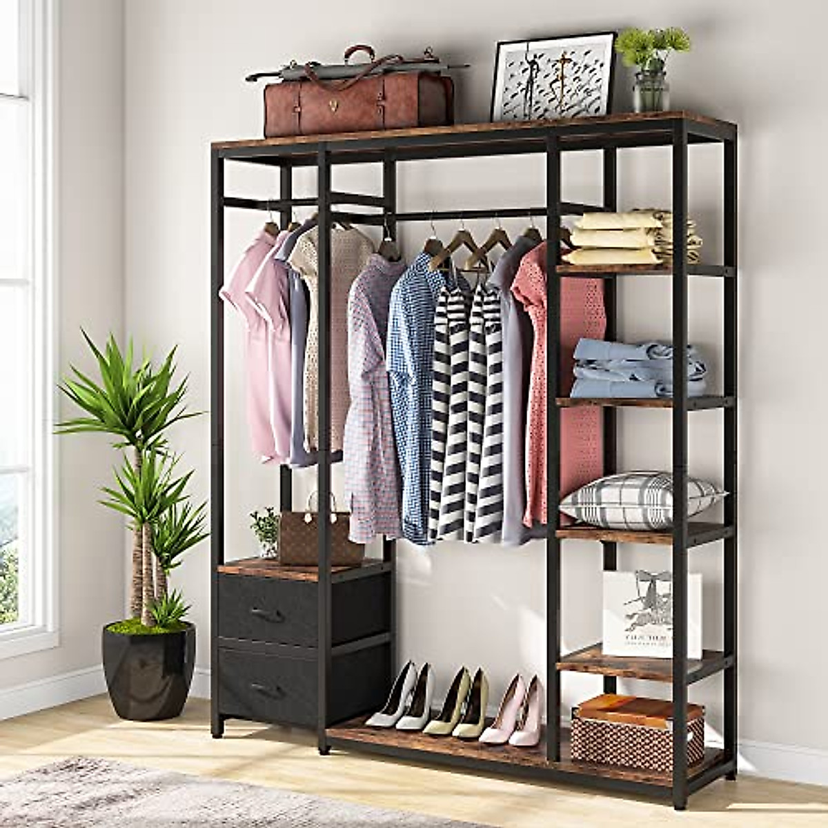 Tribesigns Freestanding Closet Organizer with 2 Drawers, 59 inch Heavy Duty Clothes Garment Rack with Shelves and Double Hanging Rod, Metal Clothing Rack Wardrobe for Bedroom, Rustic Brown