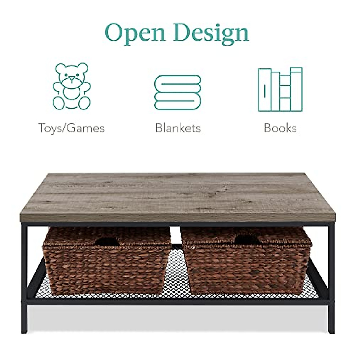 Best Choice Products 44in Modern Coffee Table, Large 2-Tier Industrial Rectangular Wood Grain Top Coffee Table, Accent Furniture for Living Room w/Mesh Shelf, Metal Frame - Gray