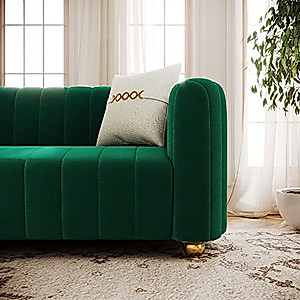 yunqishi KEAI 83.46" Green Velvet Couch for Living Room Emerald Green Large Modern Sofa with Gold Metal Sphere Legs Comfy 3 Seater Cute Sherpa Green Couches for Bedroom Office (Green)