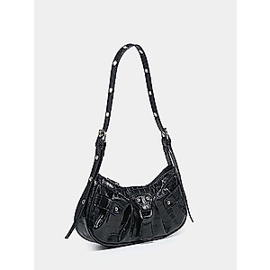 SweatyRocks Women's Buckle Leather Crocodile Embossed Zipper Handbag Shoulder Bag with Adjustable Strap Black one-size