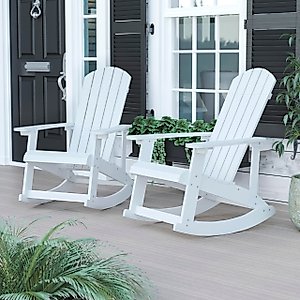 BizChair Poly Resin Wood Adirondack Rocking Chair - All Weather White Polystyrene - Stainless Steel Hardware - Set of 2