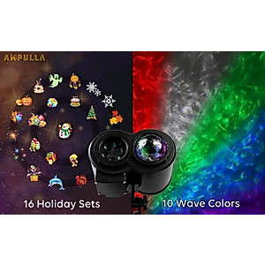 Projector Lights, Ampulla Christmas Halloween Holiday Ocean Wave Projector Lights 2-in-1 26 HD Effects 16/24 Pattern Slides Outdoor Indoor Xmas Theme Party Yard Garden Decorations… (16 HD Slides)