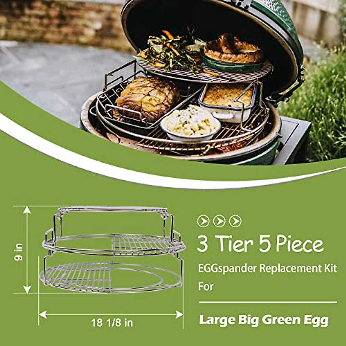 KAMaster 3 Tier 5 Piece EGGspander Replacement Kit for Large Big Green Egg,Stainless Steel Grill Stack Rack with Removable Cooking System,BBQ Grill Basket Grill Expander Rack Ultimate Set Fit L BGE