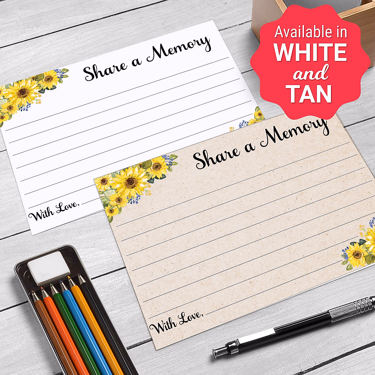 321Done Share a Memory Card (50 Cards) Sunflower Large, 4x6 for Celebration of Life Birthday Anniversary Memorial Funeral Graduation Bridal Shower Game - Made in USA - Rustic Tan