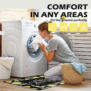 chiinvent Lemon Kitchen Rugs Anti Fatigue Kitchen Mats For Floor Black Yellow Non skid Washable kitchen Mats Set of 2 Cushioned Comfort Standing Mats for Laundry Office Sink,17.3x28 + 17.3x47 inch PVC