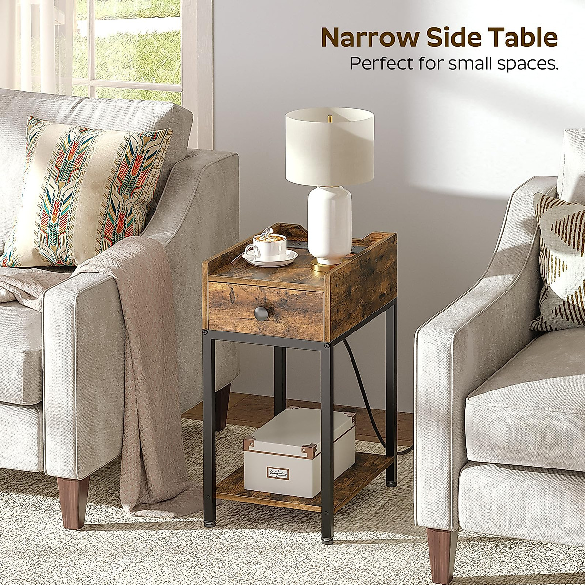 YATINEY Narrow Side Table with Drawer, Nightstand Set of 2 with Wireless Charging Station, End Table for Small Spaces, Non-Woven Fabric Drawers, for Living Room, Bedroom, Rustic Brown ET04L2BR