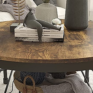 Gezen 2-Tier Round Coffee Table, Industrial Coffee Table for Living Room, Wooden Tabletop Rustic Steel Accent Table with Storage Open Shelf- Metal Frame - Retro Brown