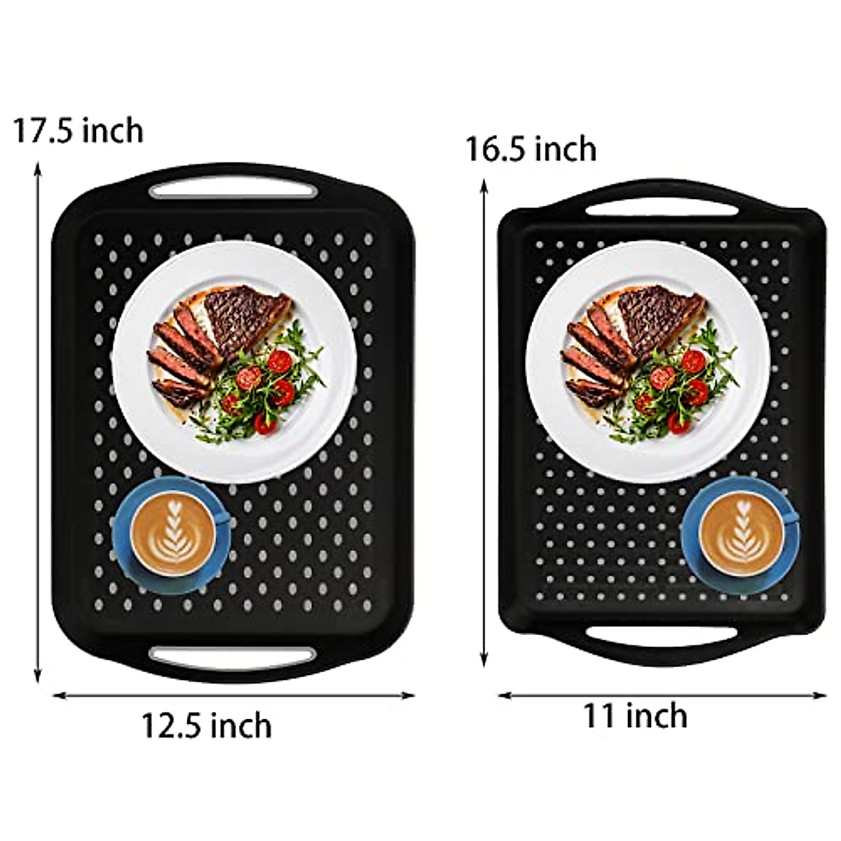 TOPZEA 2 Pack Non Slip Serving Tray with Handle, Plastic Cafeteria Tray Fast Food Serving Tray, School Lunch Tray Rectangular Server Tray for Breakfast on Bed, Coffee Table, Car, Black