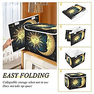 Krafig Boho Chic Golden Sun Moon Foldable Storage Box Large Cube Organizer Bins Containers Baskets with Lids Handles for Closet Organization, Shelves, Clothes, Toys