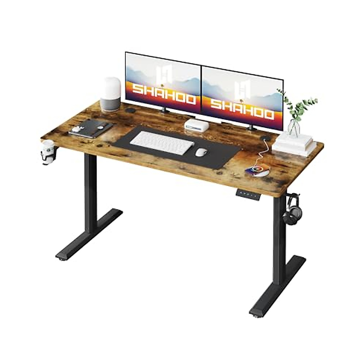 Shahoo Electric Standing Desk, 55 x 24 Inches Height Adjustable Corner Table, Computer Workstation with Cup Holder and Hook for Home Office, Rustic Brown