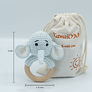 KawaiOnO - Handmade Cotton Crochet Amigurumi Rattler, Educational Baby Stuff, Blue Elephant Stuffed Animals with Wooden Handle, Ideal Baby Boy Stuff for New Moms and Parents