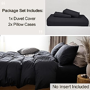 PHF 100% Cotton Duvet Cover Queen Size, 3pcs Washed Cotton Linen Like Comforter Cover, Soft Breathable Durable Cooling Duvet Cover for Hot Sleepers, 90" x 90", Black