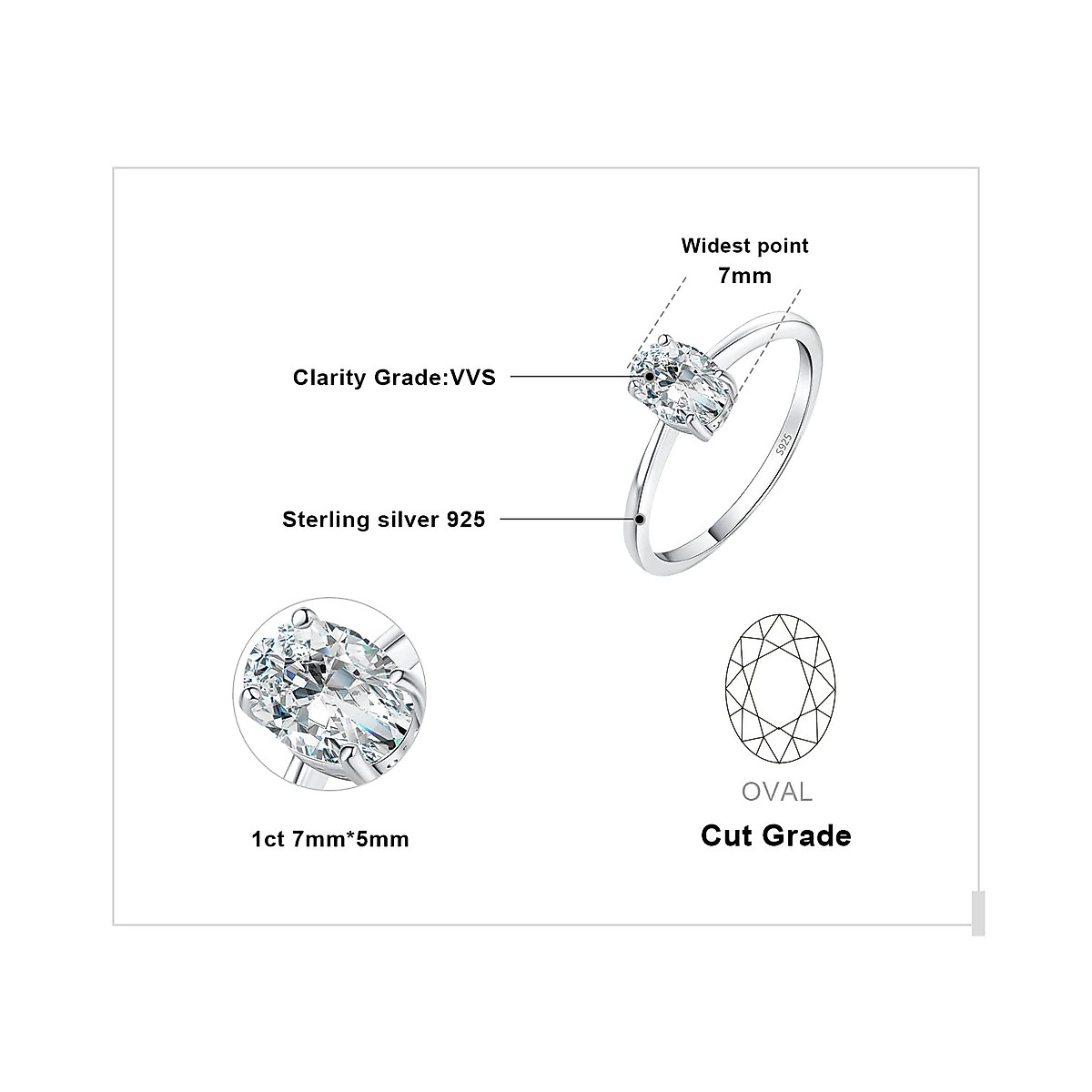 JewelryPalace Oval Cut 8 * 6mm 1ct Moissanite Solitaire Engagement Rings for Women, Classic 925 Sterling Silver Promise Ring for Her, Simulated Diamond Anniversary Wedding Ring VVS D-F 7