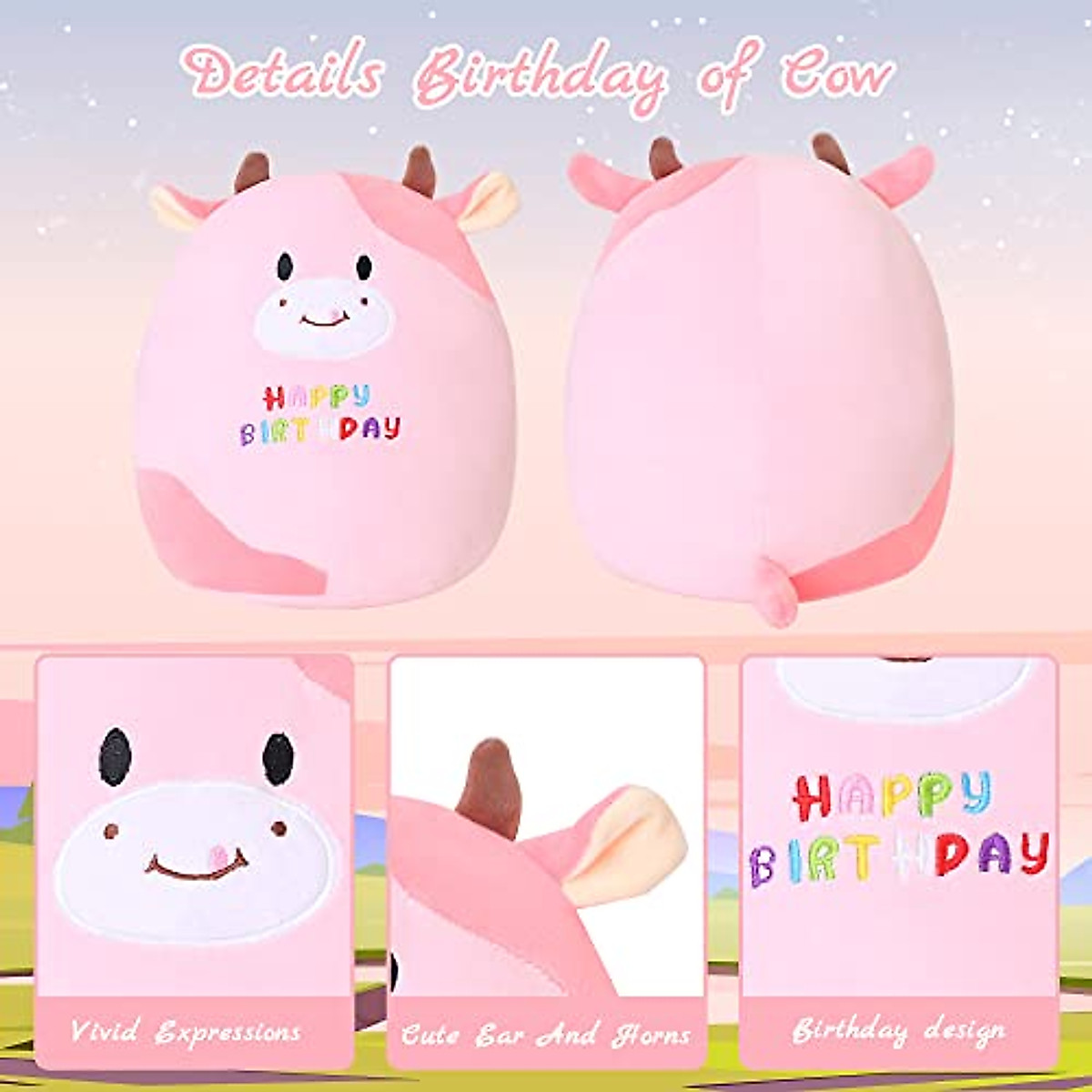 SQEQE Cow Plush Toy Cute Pink Cow Stuffed Animals Soft Pillow Plushies Kawaii Cow Plushie for Girls Boys Kids Birthday Gifts Decor 10 inch