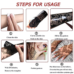 QSTOHENA Pack of 12 Henna Temporary Tattoo Stencil Kit - 145Pcs Glitter Airbrush Tattoo Sticker Indian Arabian Black Henna Tattoo Temp for Women Kids