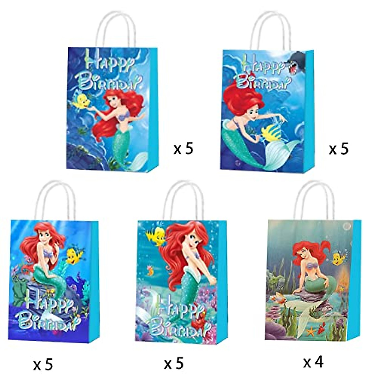 24 Pieces Little Mermaid Party Paper Gift Bags, 5 Pattern Party Gift Bags, Birthday Party Decorations,