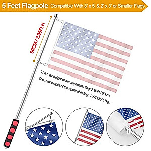 BONWIN 1.6M Telescopic Handheld Flagpoles with Clips, 5 Feet Thick Portable Stainless Steel Telescopic Banner Flag Pole - Tour Guide Flag Pole - Teaching Pointer Stick - 2 Pack (5 Ft, Red+Blue)