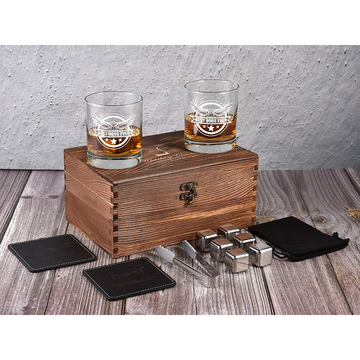 Best Boss Ever Whiskey Glass Stones Gifts for Boss, Funny Men's Christmas Birthday Day Gifts for Boss Supervisor Office Administrator Mentor Manager Coach Friends, Bourbon Scotch Glass Gift Set