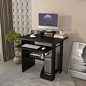 YQ JENMW 29in Computer Desk with Monitor Stand and Keyboard Tray for Small Space, Wood PC Laptop for Bedroom, Writing Table with Shelves for Kids, Black
