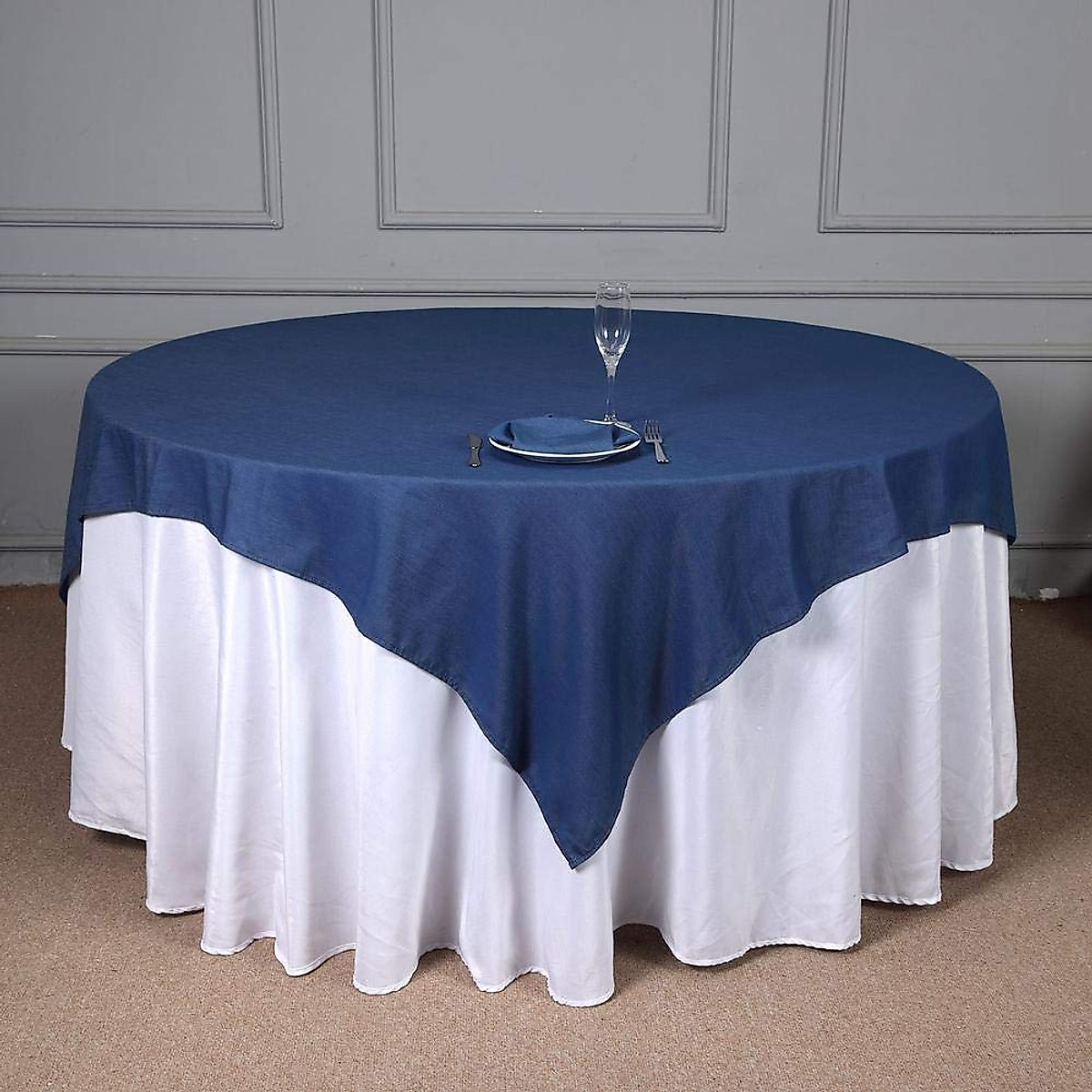 Tableclothsfactory 85" x 85" Dark Blue Faux Denim Polyester Table Overlays Square Tablecloth Cover for Wedding Party Event Banquet