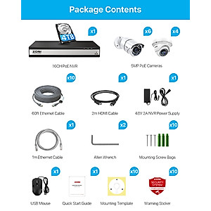 ZOSI 4K 16CH PoE Security Camera System with Hard Drive 4TB and 10pcs 5MP Outdoor Indoor PoE IP Surveillance Cameras,H.265+ 16 Channel 8MP CCTV NVR,120ft Night Vision,Remote Access,24/7 Recording